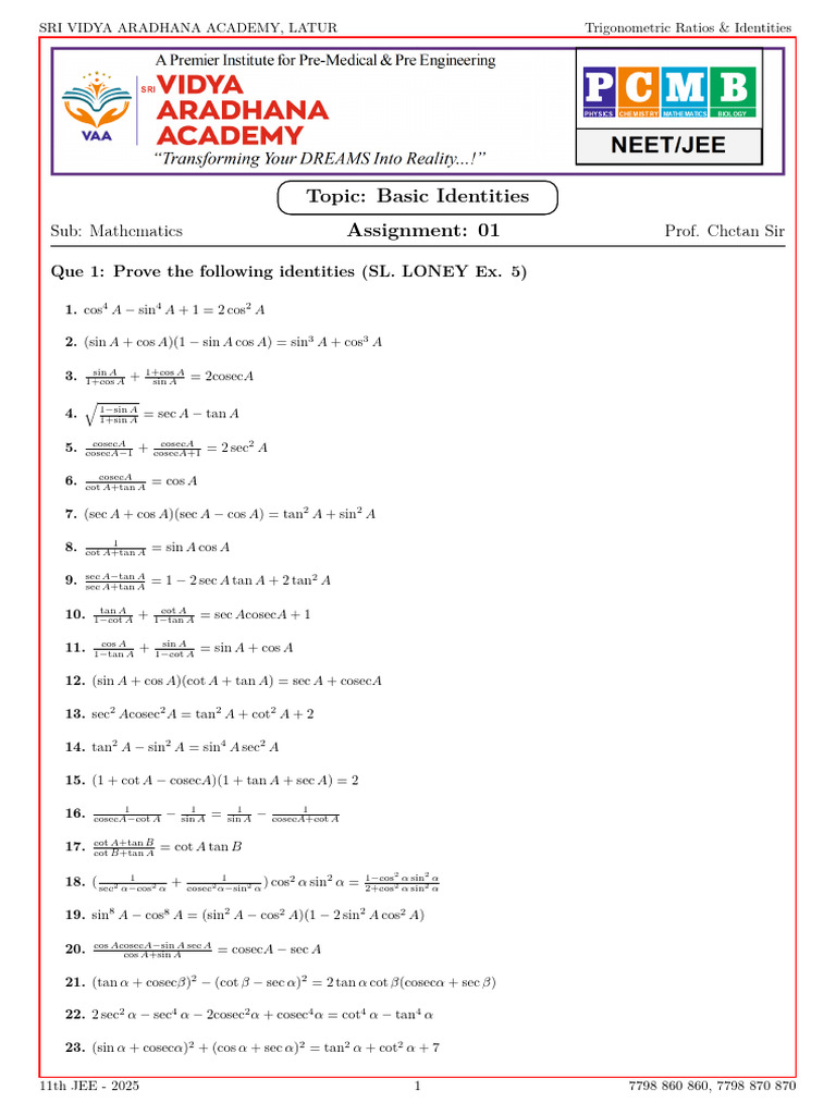Assignment 01 Trigonometric Ratios Identities 11th JEE Math - by - IISERite | PDF | Trigonometry ...