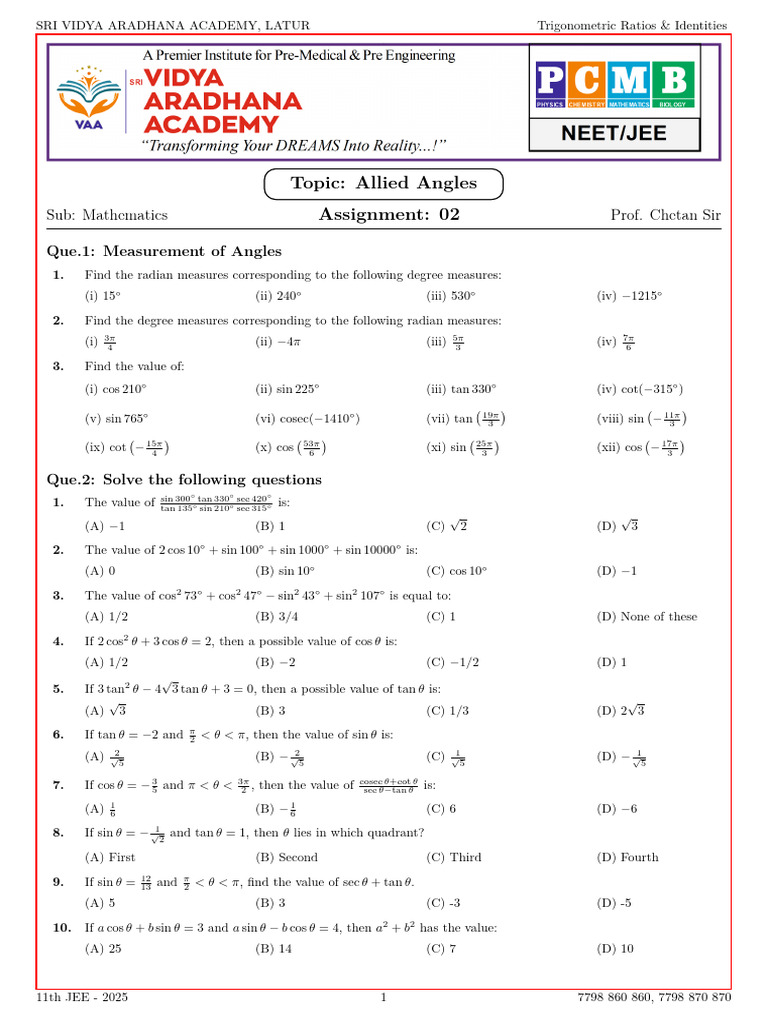 Assignment 02 Trigonometric Ratios Identities 11th JEE Math by IISERite | PDF | Trigonometric ...