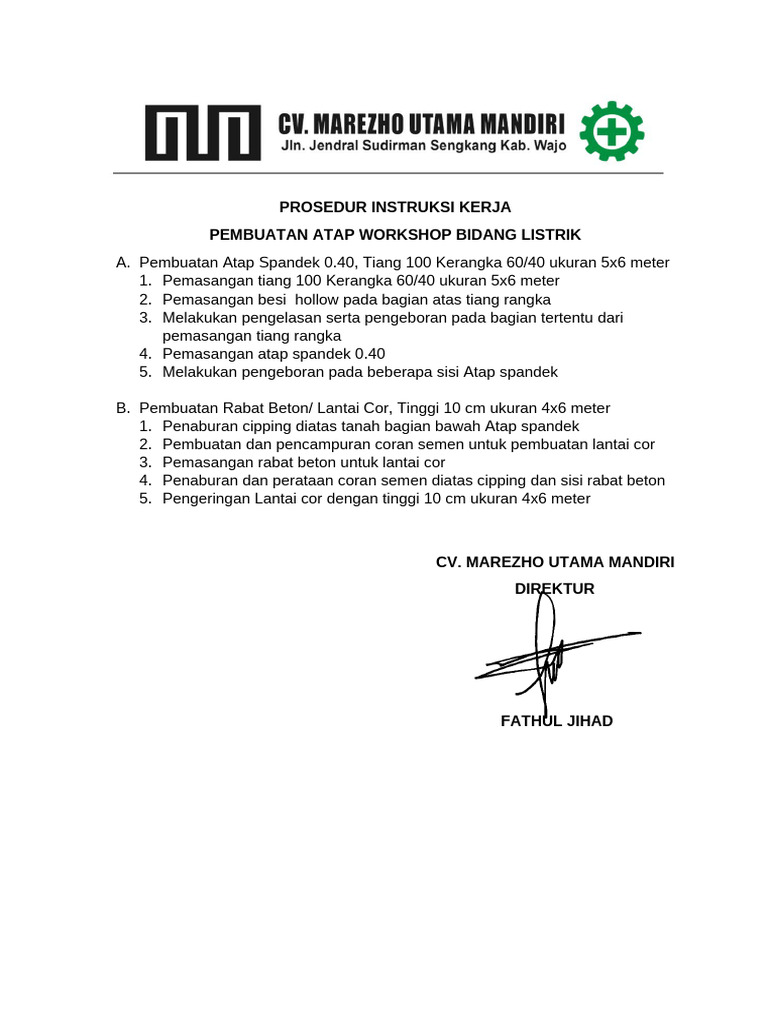 Prosedur Pembuatan Atap Workshop Listrik | PDF