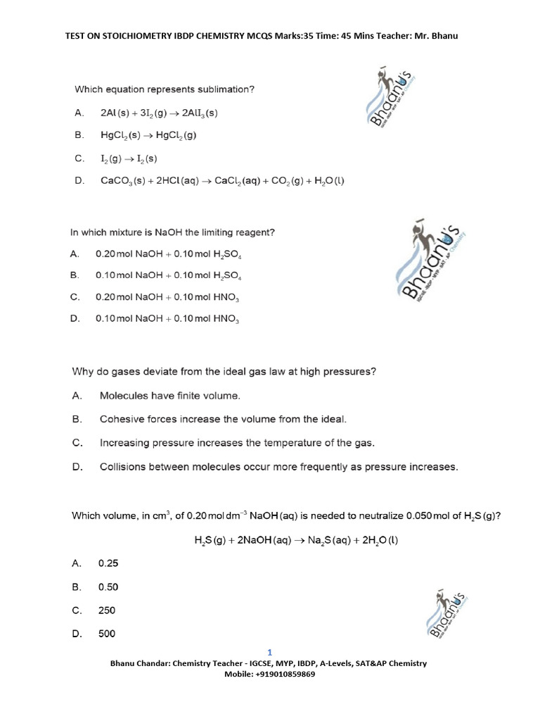 IBDP Chemistry Stoichiometry MCQs Test | PDF | Chess Theory | Chess