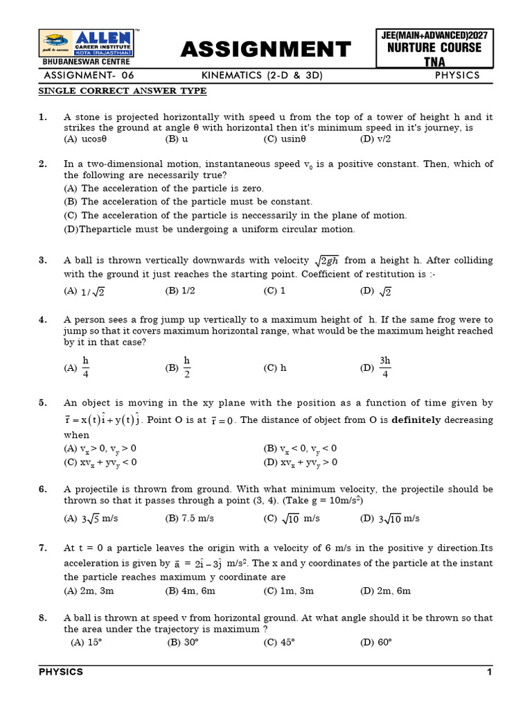 Assign # 06 (Kinematics - 2-d & 3d) - Phy - Nurture - SC | PDF | Velocity | Acceleration