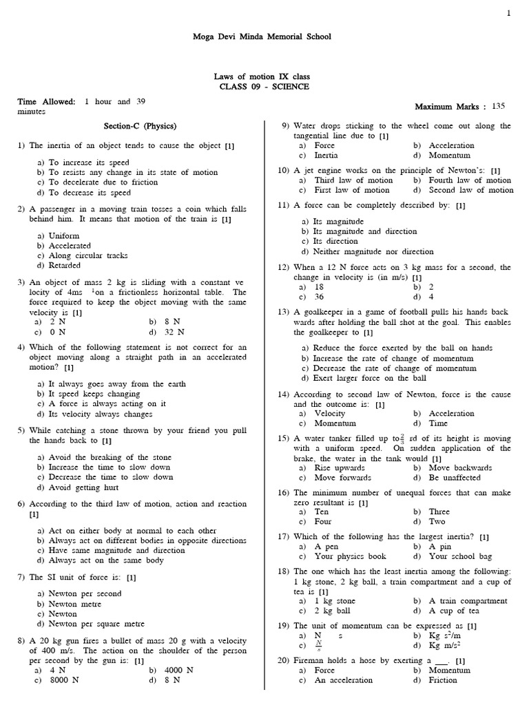 Complete Worksheet of Laws of Motion | PDF | Force | Newton's Laws Of ...