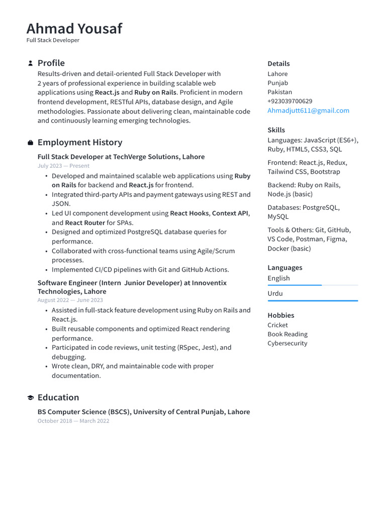 Full Stack Developer Resume: Ahmad Yousaf | PDF | Ruby On Rails ...