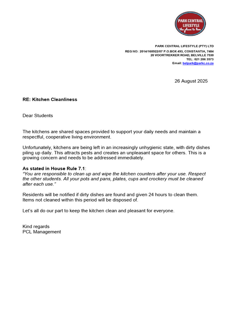 Student Letter - Kitchen Hygiene - Aug 2025 | PDF