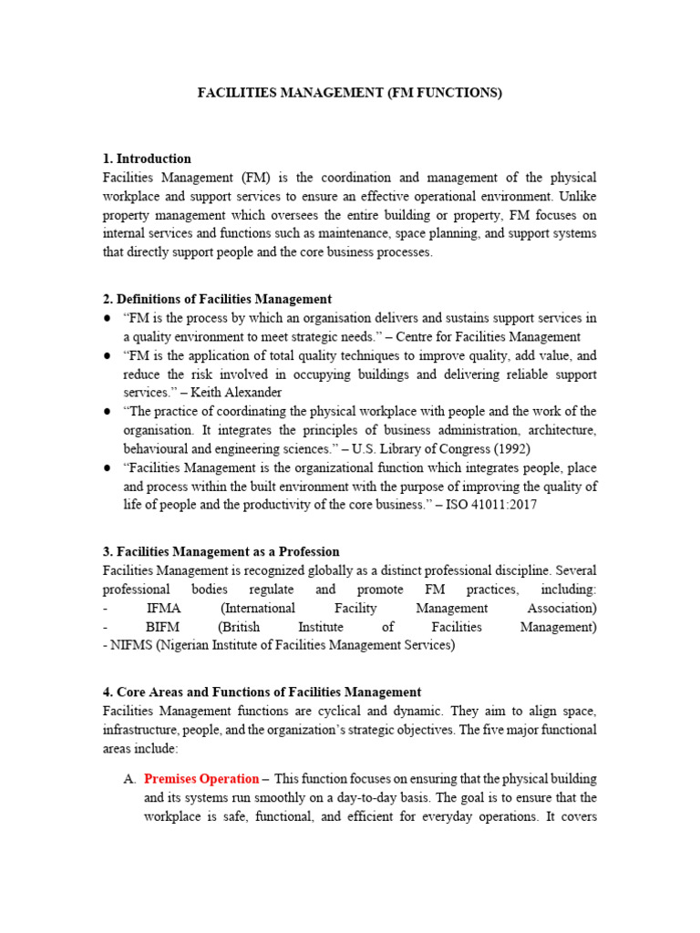Facilities Management Functions Pdf Business Economies