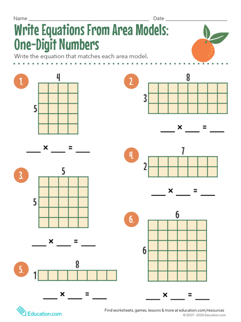Write Equations From Area Models One Digit Numbersdigit Addition | PDF