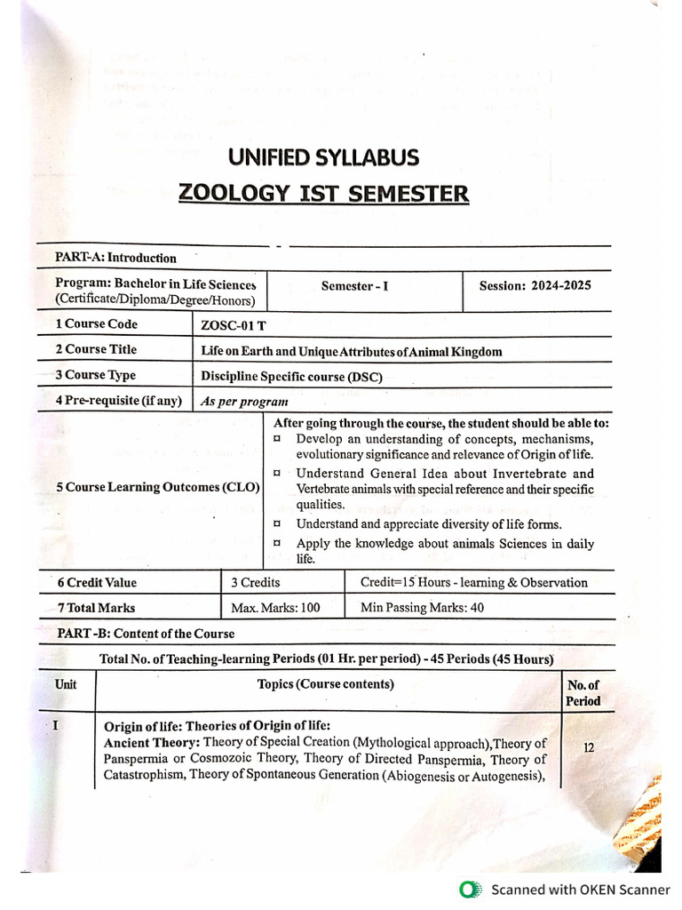 Syllabus BSC Bio 1st Sem. | PDF