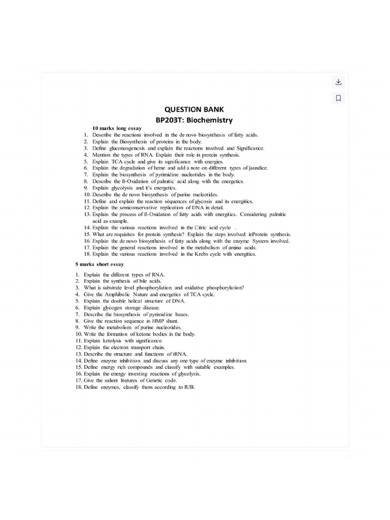 Biochemistry Question Bank | PDF