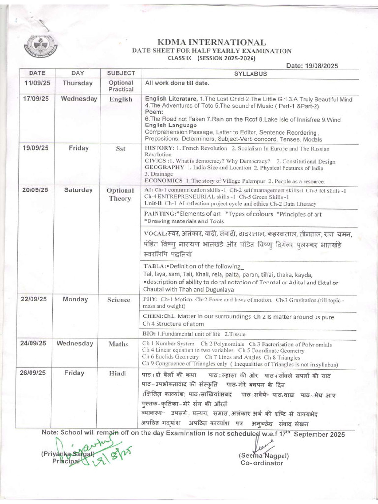 Class-Ix Date Sheet & Syllabus For Half Yearly Exam 2025-26 | PDF