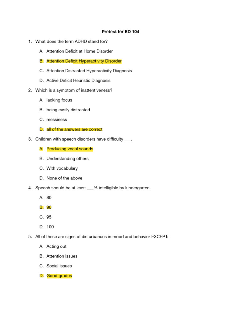 Pretest Questions for ED 104 Course | PDF | Attention Deficit ...