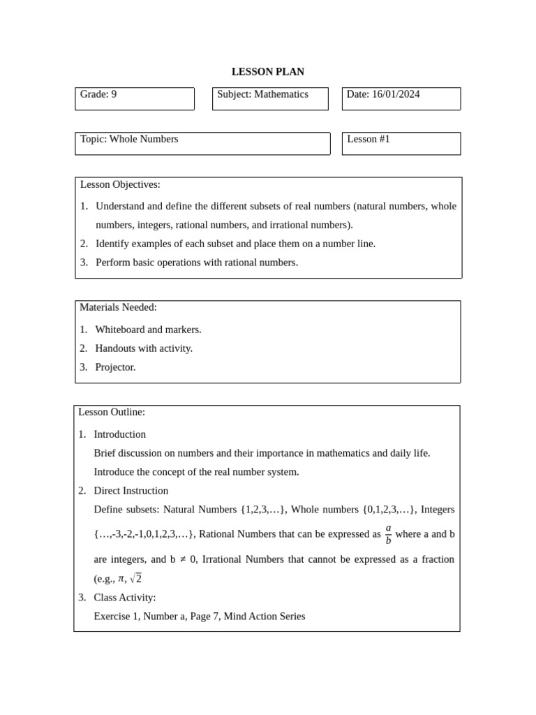 Grade 9 Mathematics: Whole Numbers Lesson | PDF