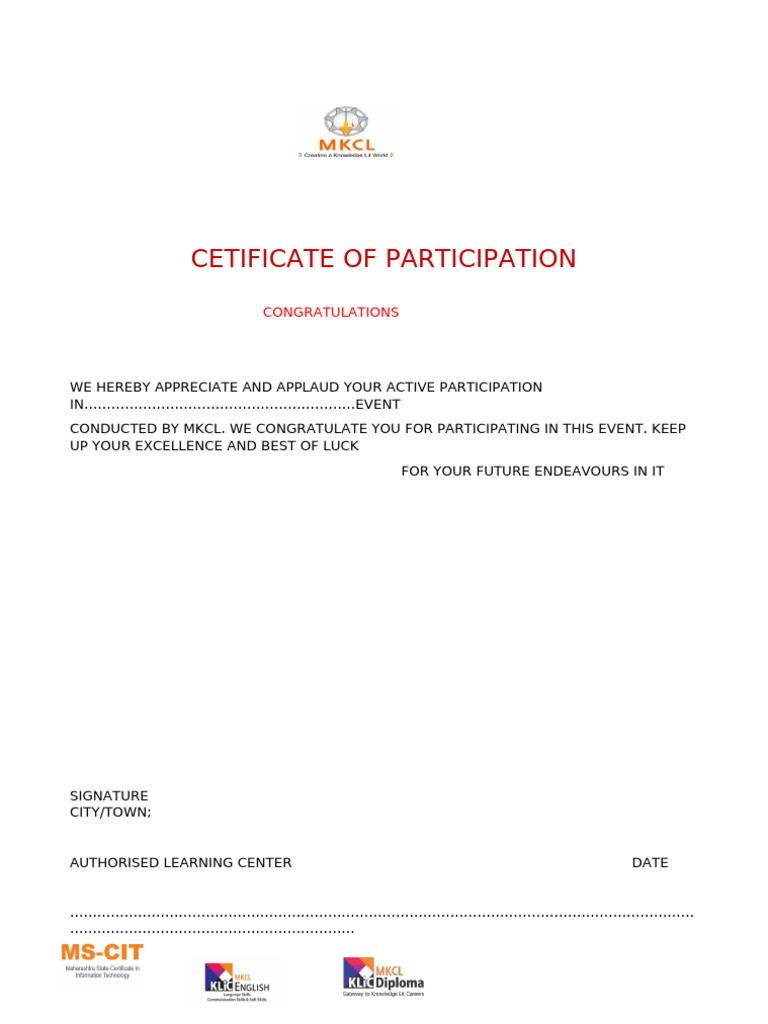 MKCL Event Participation Certificate | PDF