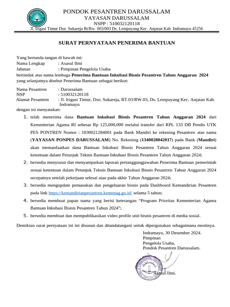 Surat Pernyataan Bantuan Pesantren 2024 | PDF