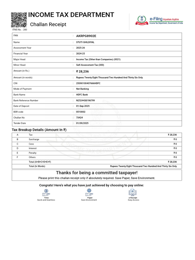 25090100407666HDFC ChallanReceipt | PDF | Taxes | Public Finance