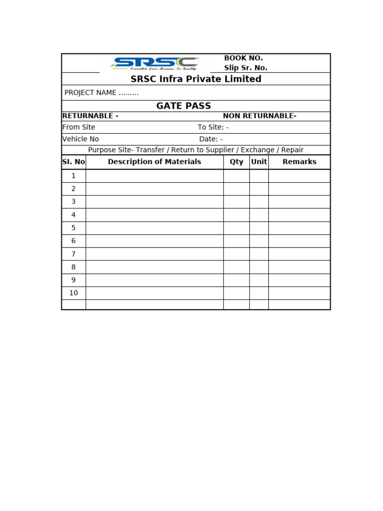SRSC Infra Material Issue & Gate Pass | PDF