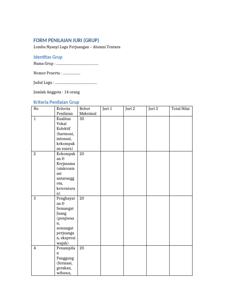 Form Penilaian Juri Lomba Nyanyi | PDF