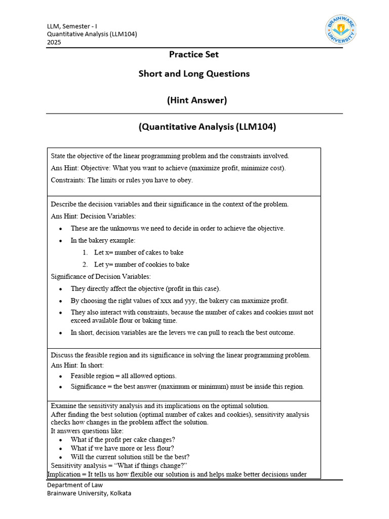 Practice Set - Short and Long Questions - Hint Answer - LLM104 - Quantitative Analysis | PDF ...