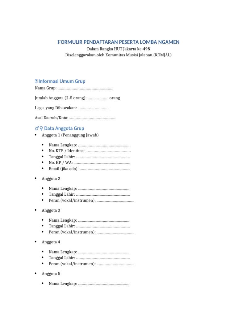 Pendaftaran Lomba Ngamen HUT Jakarta 498 | PDF