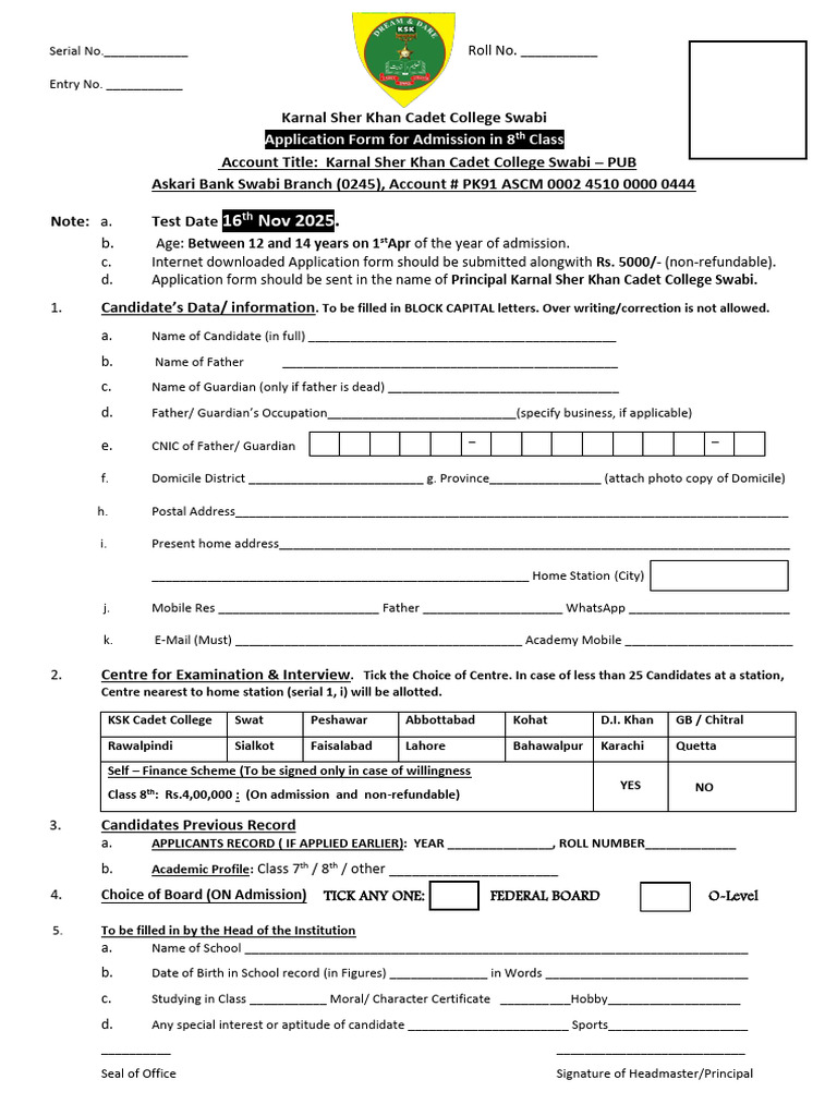 KSK Cadet College Swabi Admission 2025 | PDF