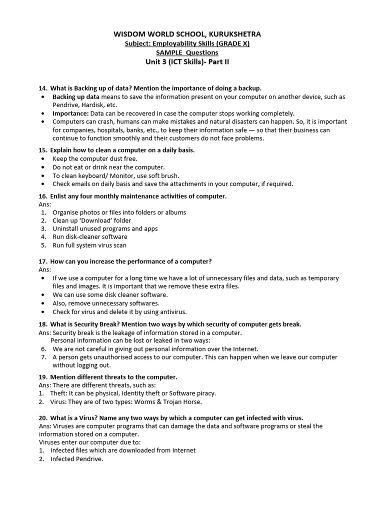 Subjective Questions- Unit 3 PART II (Grade 10) | PDF | Computer Virus | Antivirus Software