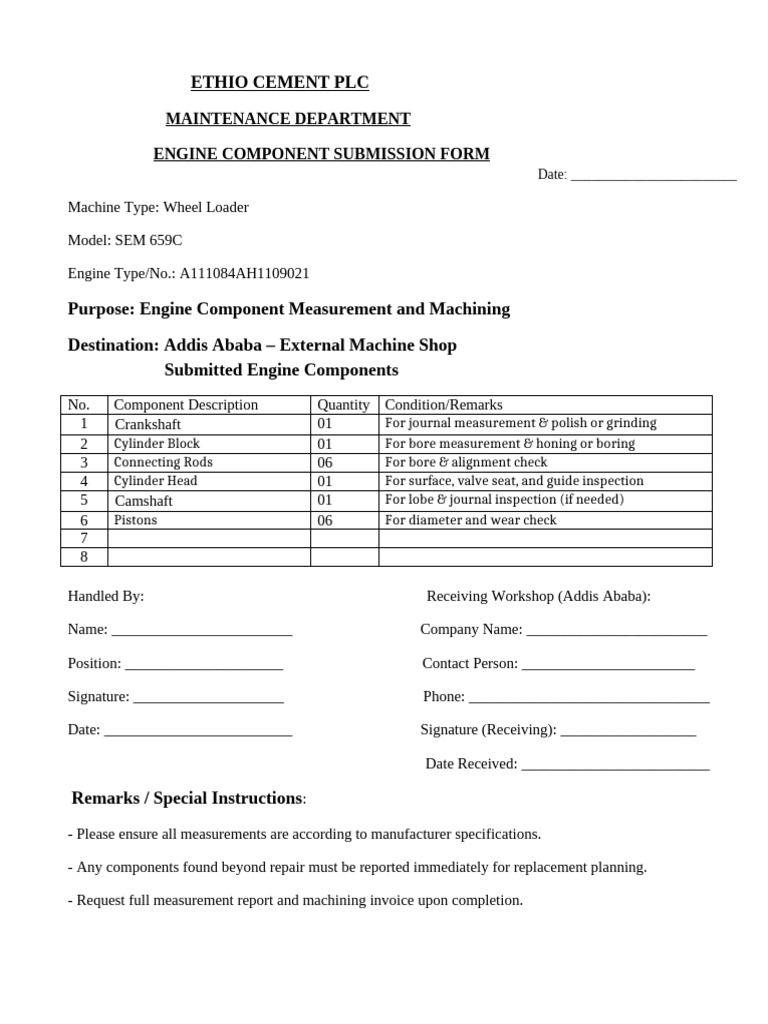 Engine Component Submission Form SEM 659C | PDF