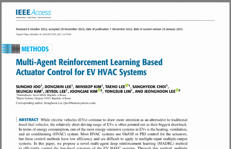 IEEE Xplore Full-Text PDF Multi-Agent Reinforcement Learning Based Actuator Control For EV HVAC ...