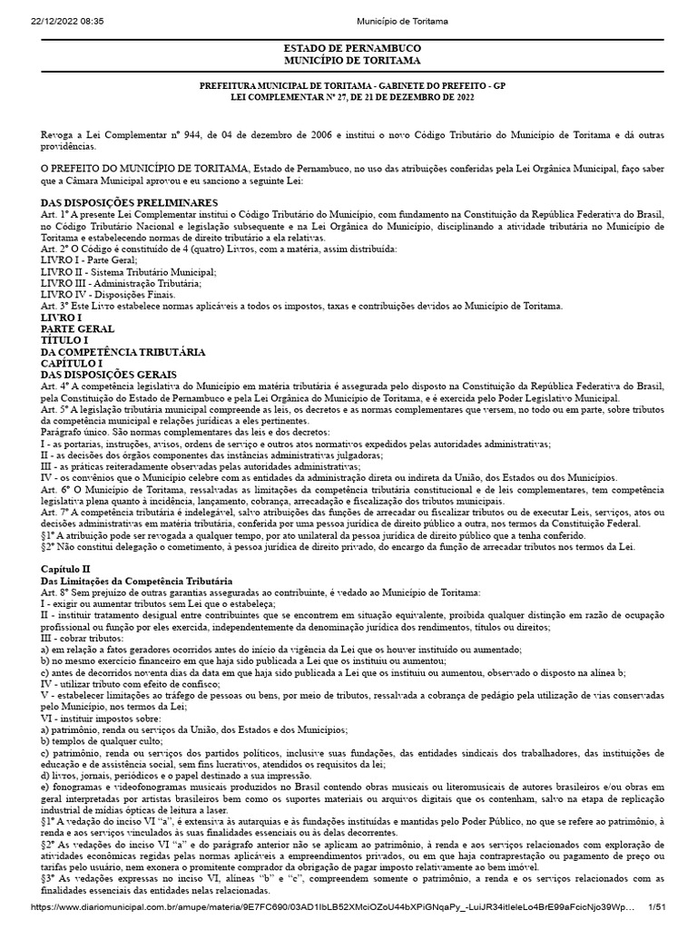 Lei Complementar N 27 de 21 de Dezembro de 2022 Novo Codigo Tributario | PDF | Taxa de crédito ...