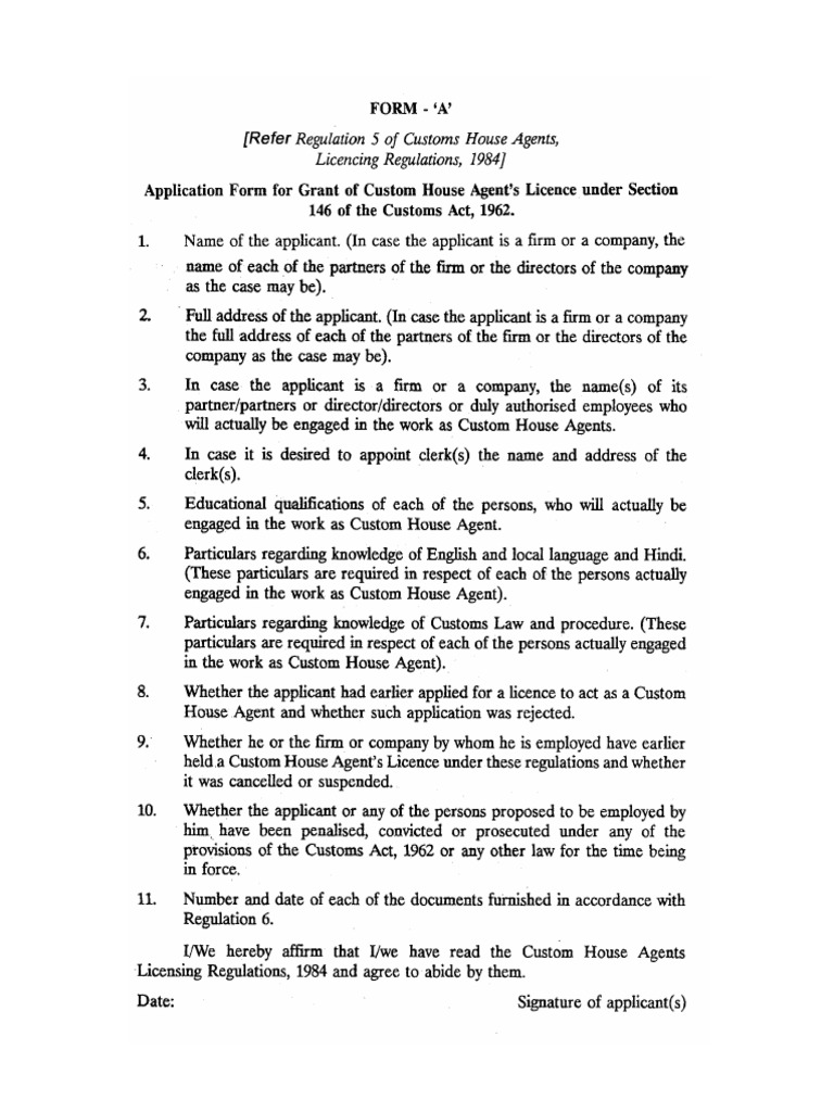 Application Form For Grant of A Temporary Customs House Agent's License ...