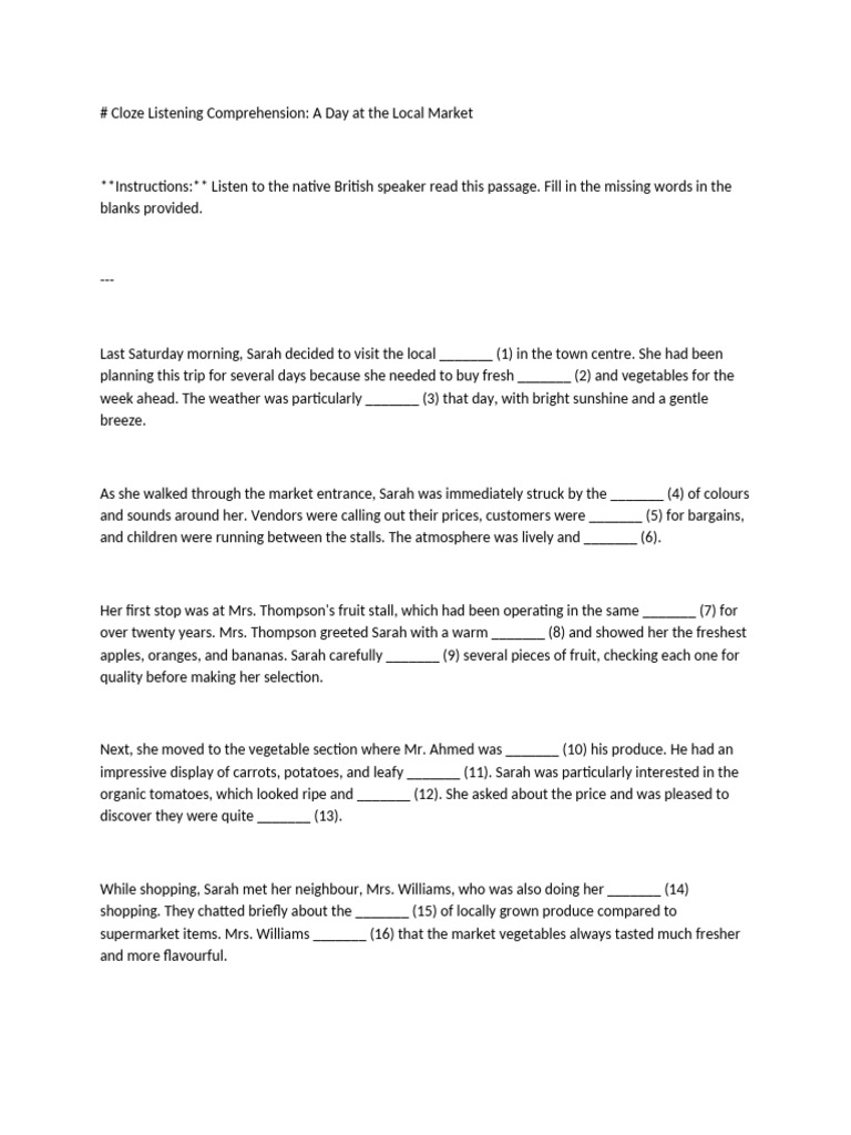 Cloze Listening: Local Market Visit | PDF | Fruit Preserves | Cuisine