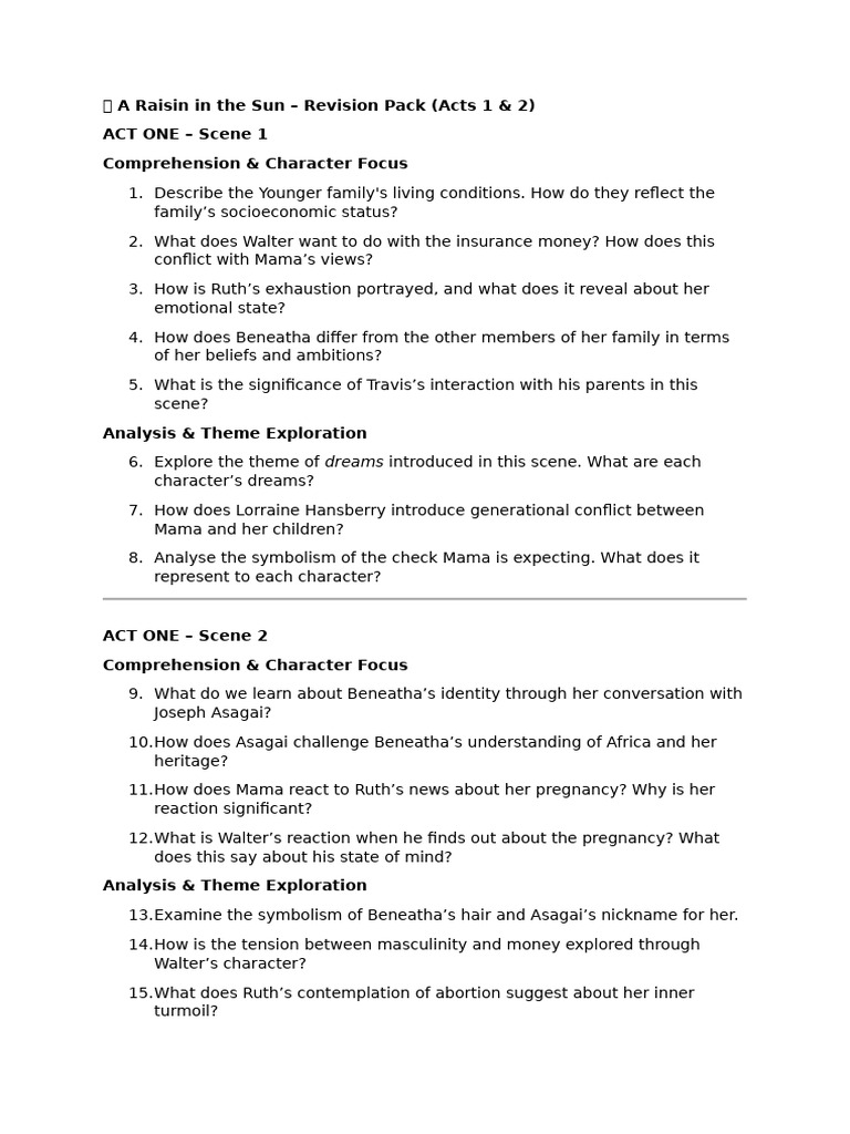 A Raisin in the Sun: Acts 1 & 2 Study Guide | PDF | Behavioural ...