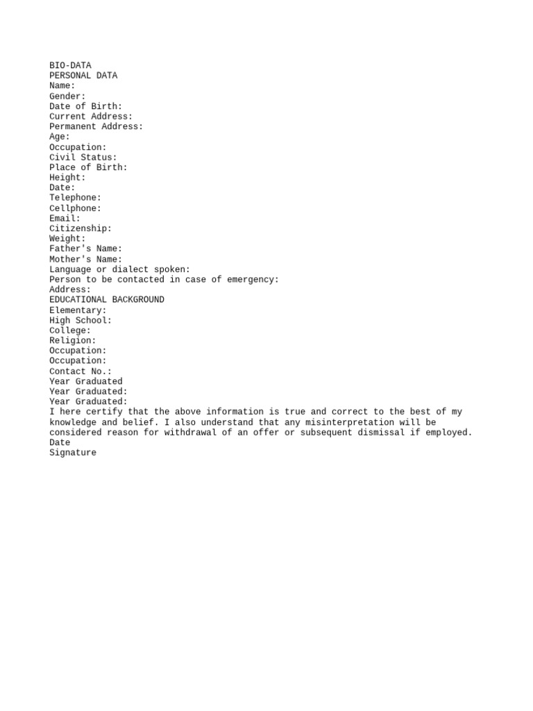 Simple Biodata Form Template PDF | PDF