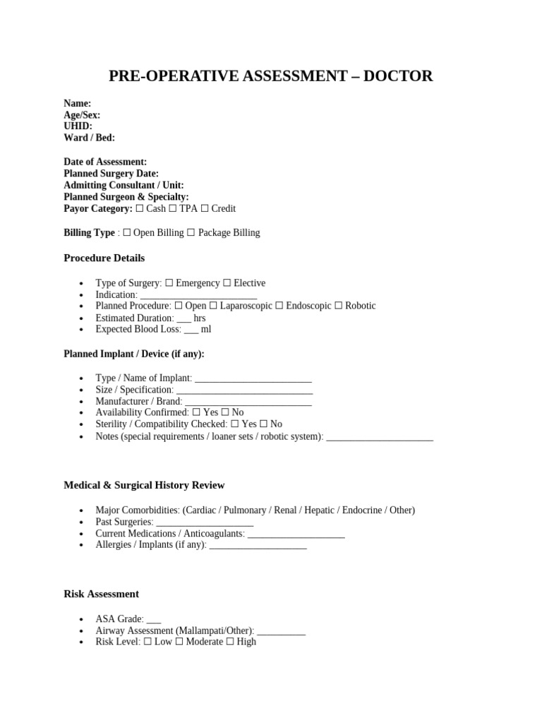 PRE OP Assessment - Doctor | PDF