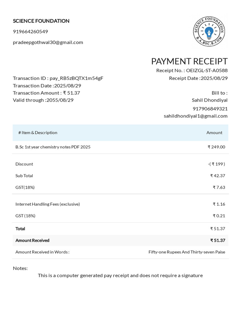 B.Sc Chemistry Notes Payment Receipt | PDF