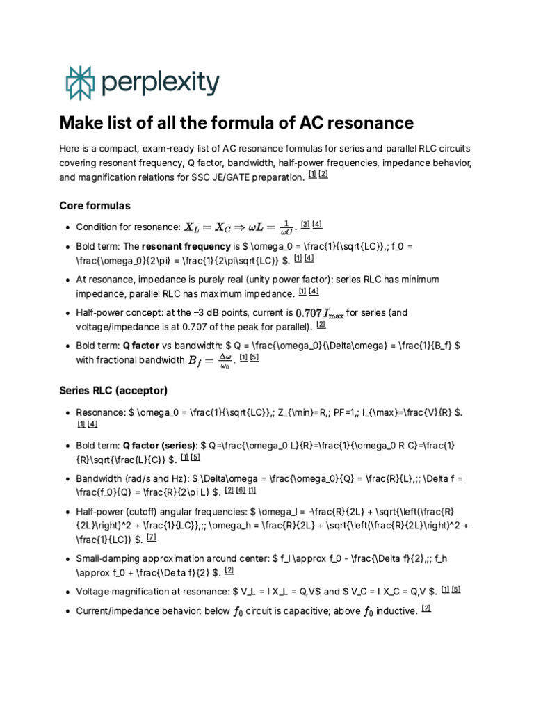 AC Resonance Formulas for RLC Circuits | PDF | Resonance | Electrical ...