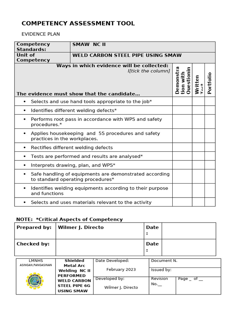 Competency Assessment for SMAW Welding | PDF | Welding | Construction