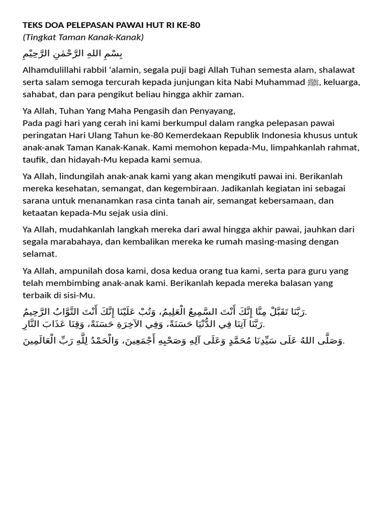 Doa Pelepasan Pawai HUT RI ke-80 | PDF