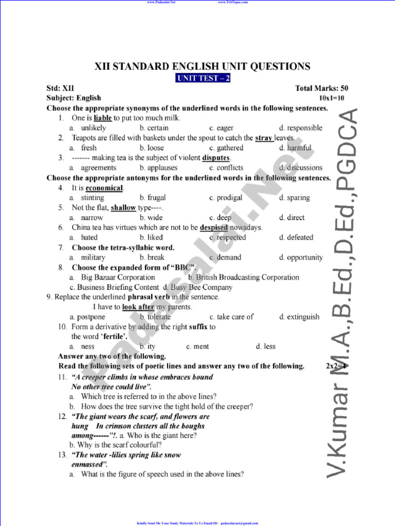 12th English Unit Test 2 Question Paper English Medium PDF Download | PDF