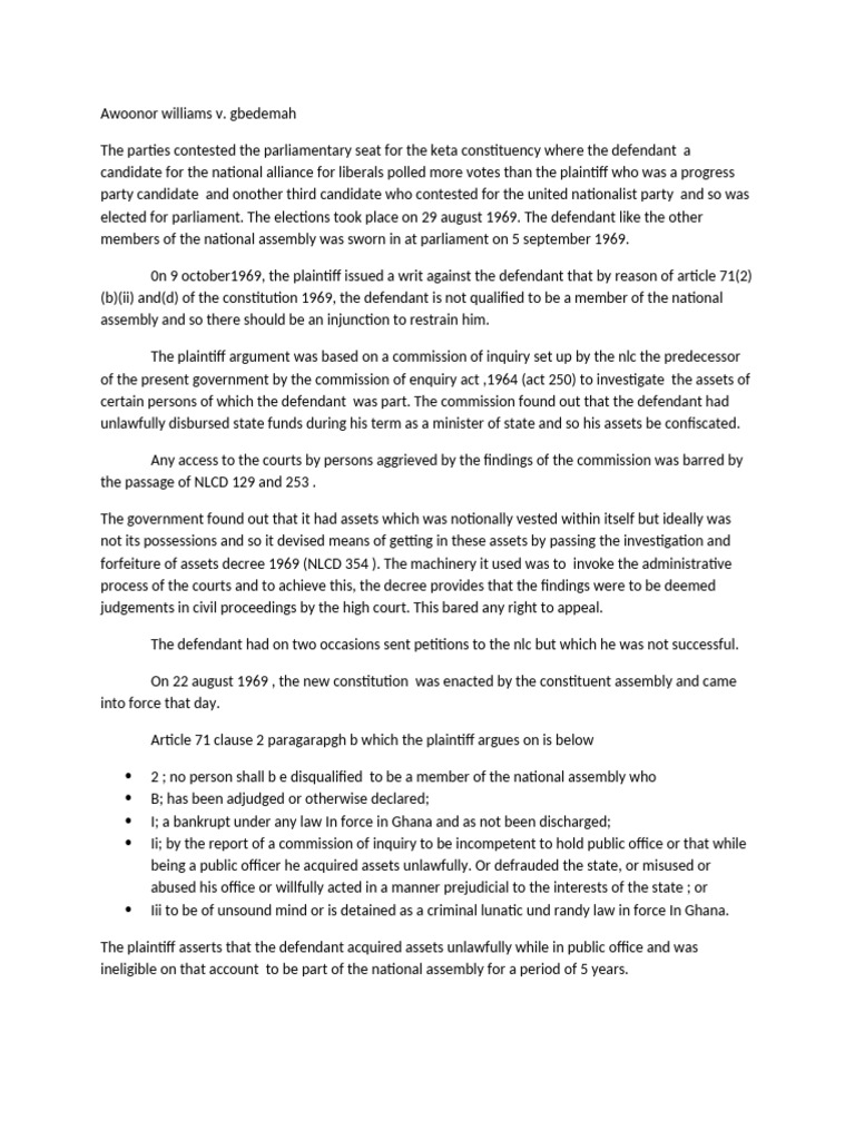 Awoonor Williams v. Gbedemah Case Summary | PDF | Constitutional Law ...