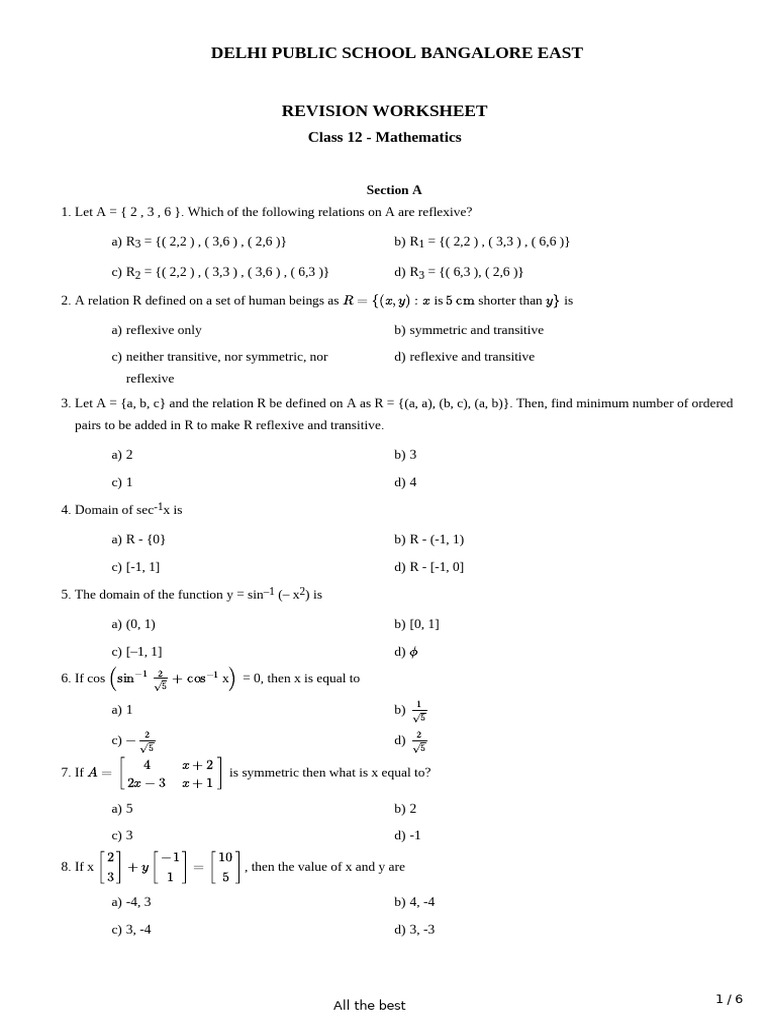 Class 12 Mathematics Revision Worksheet | PDF | Area | Interest