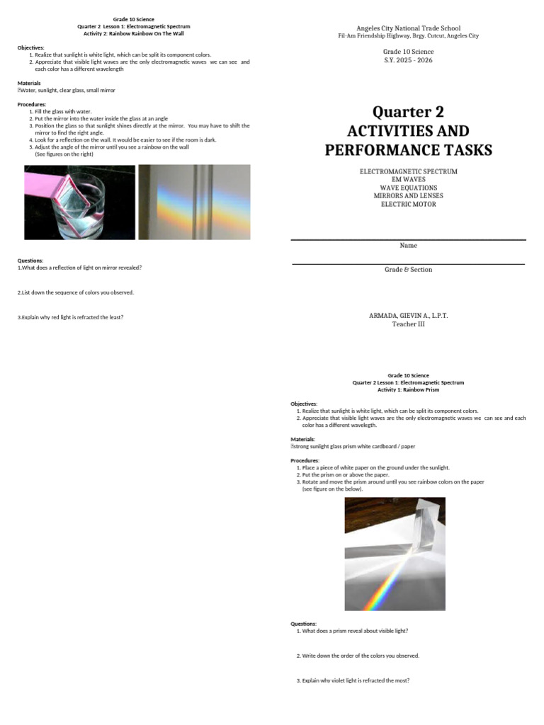 Grade 10 Electromagnetic Spectrum Activities | PDF | Electromagnetic ...