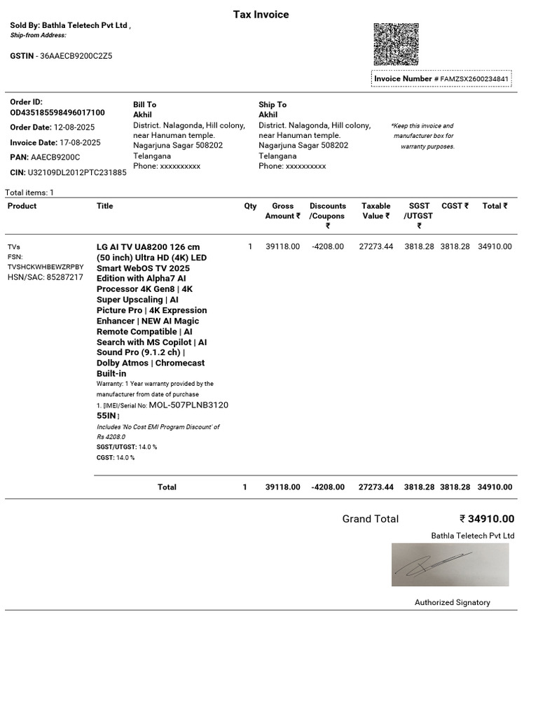 LG AI TV Invoice - Bathla Teletech | PDF