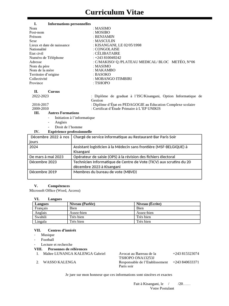 CV de Benjamin Masimo Mosibo | PDF