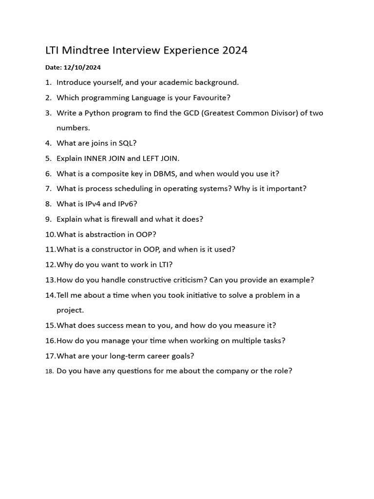 LTI Mindtree Interview Experience 2024 | PDF | Database Index | Databases