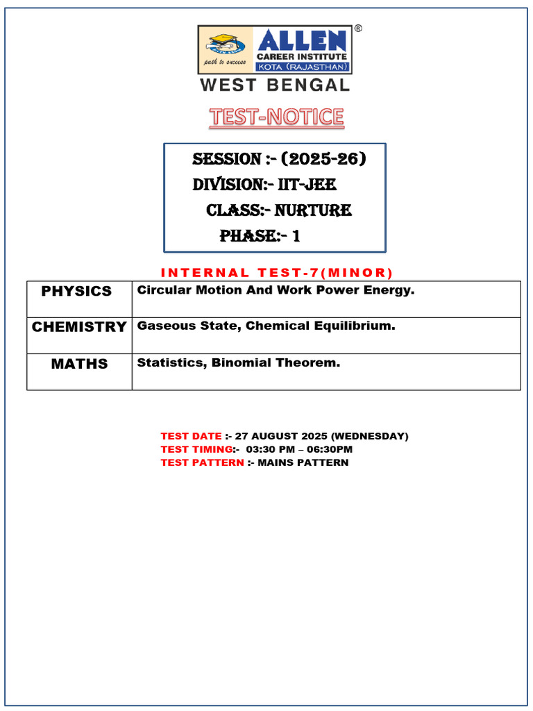 It 07 Iit Jee Nurture Minor 27.08.25 Phase 1 | PDF