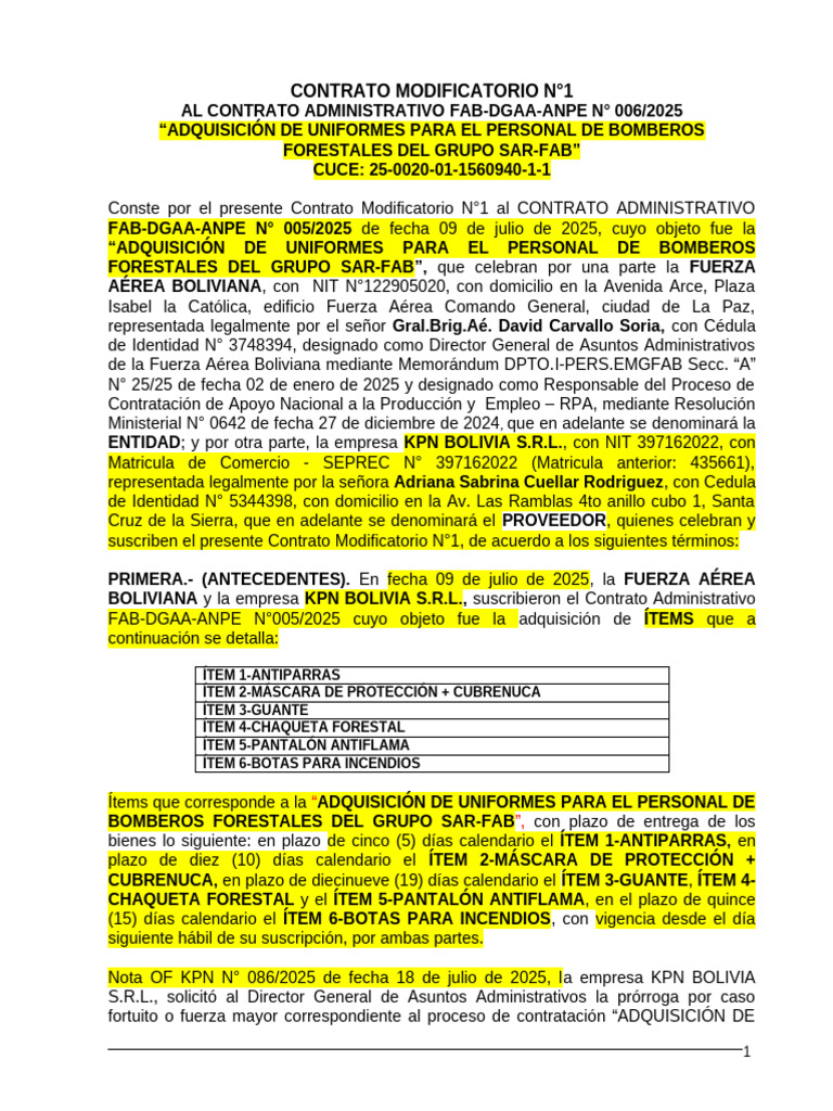 Cont. Modificatorio 1 A Cont. N°006 KPN | PDF