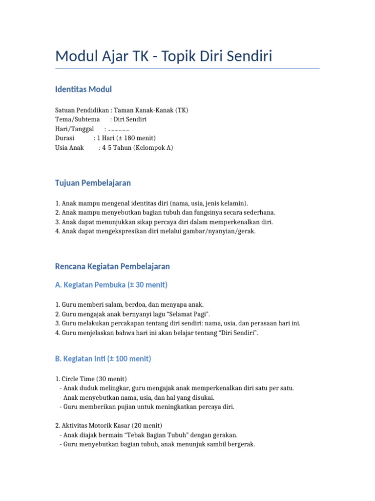 Modul Ajar Diri Sendiri untuk TK | PDF