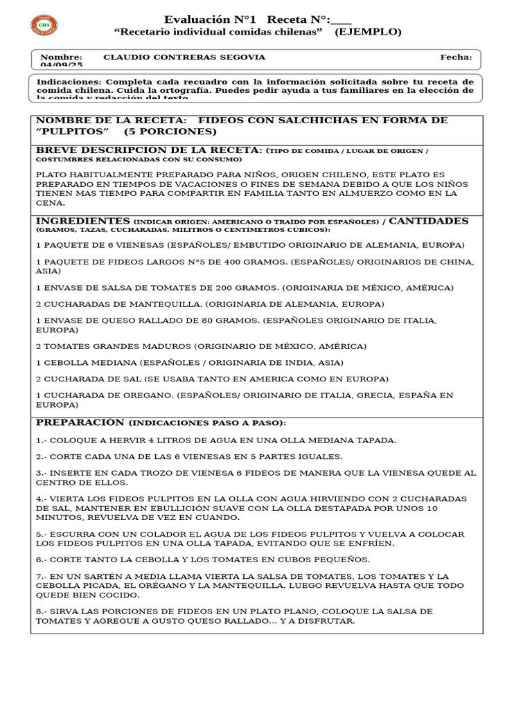 Ejemplo Ficha Recetario Comidas Chilenas. | PDF | Fideos | Comida y bebida