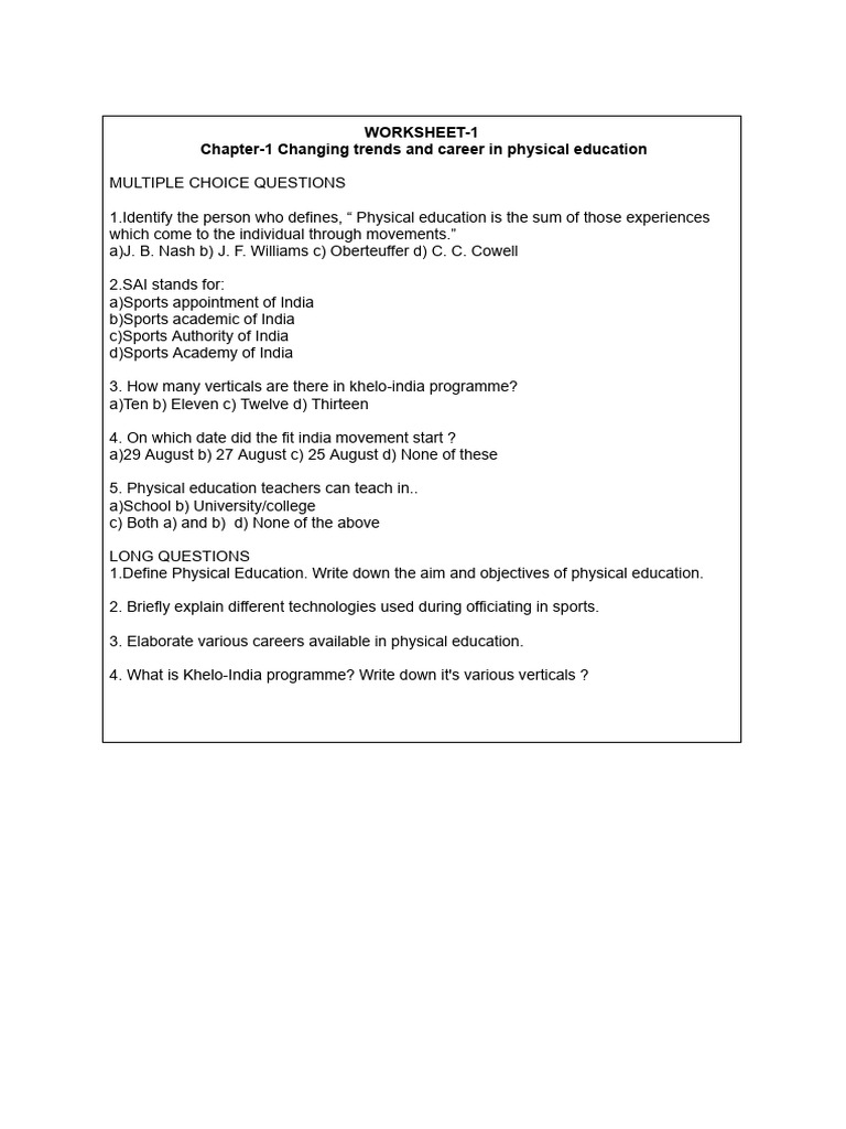 Worksheet 1 Phy. Edu. Class 11 | PDF