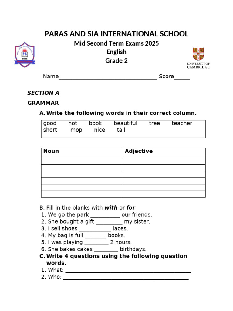 Class 2 English Worksheets PDF | PDF | Plural | Adjective
