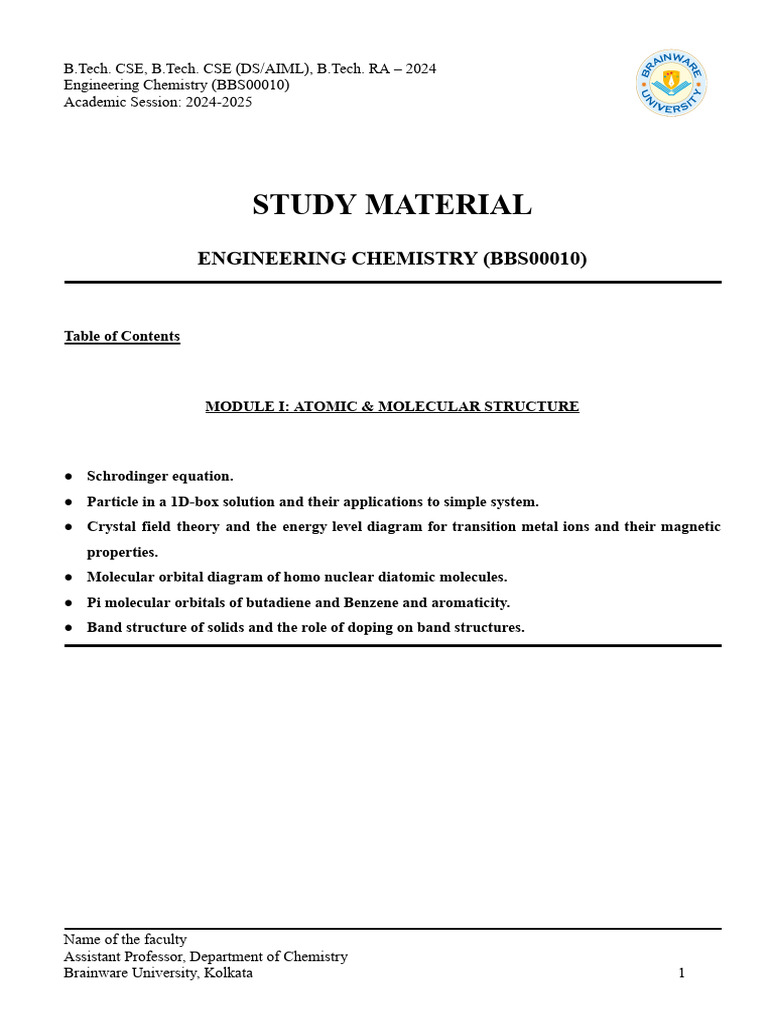 Study Material - BBS00010 - Module I - Atomic & Molecular Structure ...